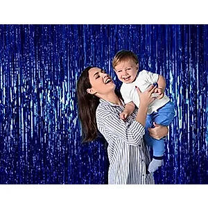 Royal Blue Foil Fringe Curtain 3 Ft x 8 Ft Pack of 2 Bridal and Baby Shower Mermaid Shark Sweet 16 Birthday Bachelorette Engagement Halloween Party Backdrop Decorations