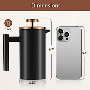 Meelio Black French Press Coffee Maker 12oz, Stainless Steel Double Wall Insulated Coffee Press with Rose Gold Metal Lid, Included 2 Extra Screens and 1 Coffee Spoon, 350ml