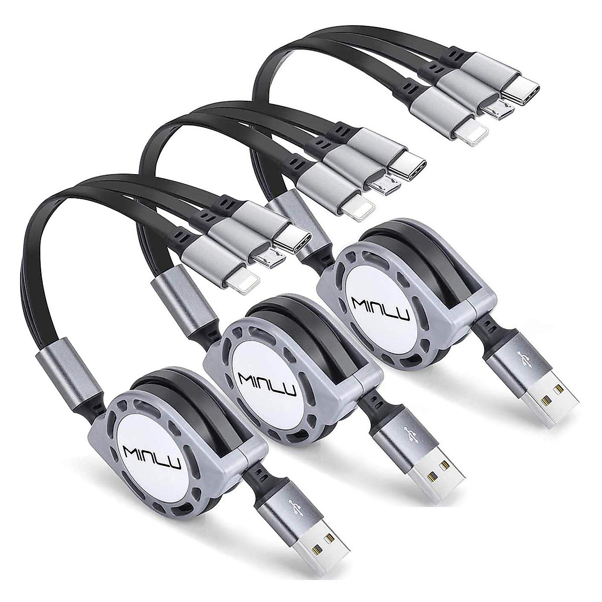 Retractable Charging Cable 3A, 3Pack 4Ft Multi Charging Cable Multi Fast Charger Cable 3 in 1 Multi USB Cable with IP/Type C/Micro USB Port for Cell Phones/Tablets/Samsung Galaxy/LG/Huawei/PS & More