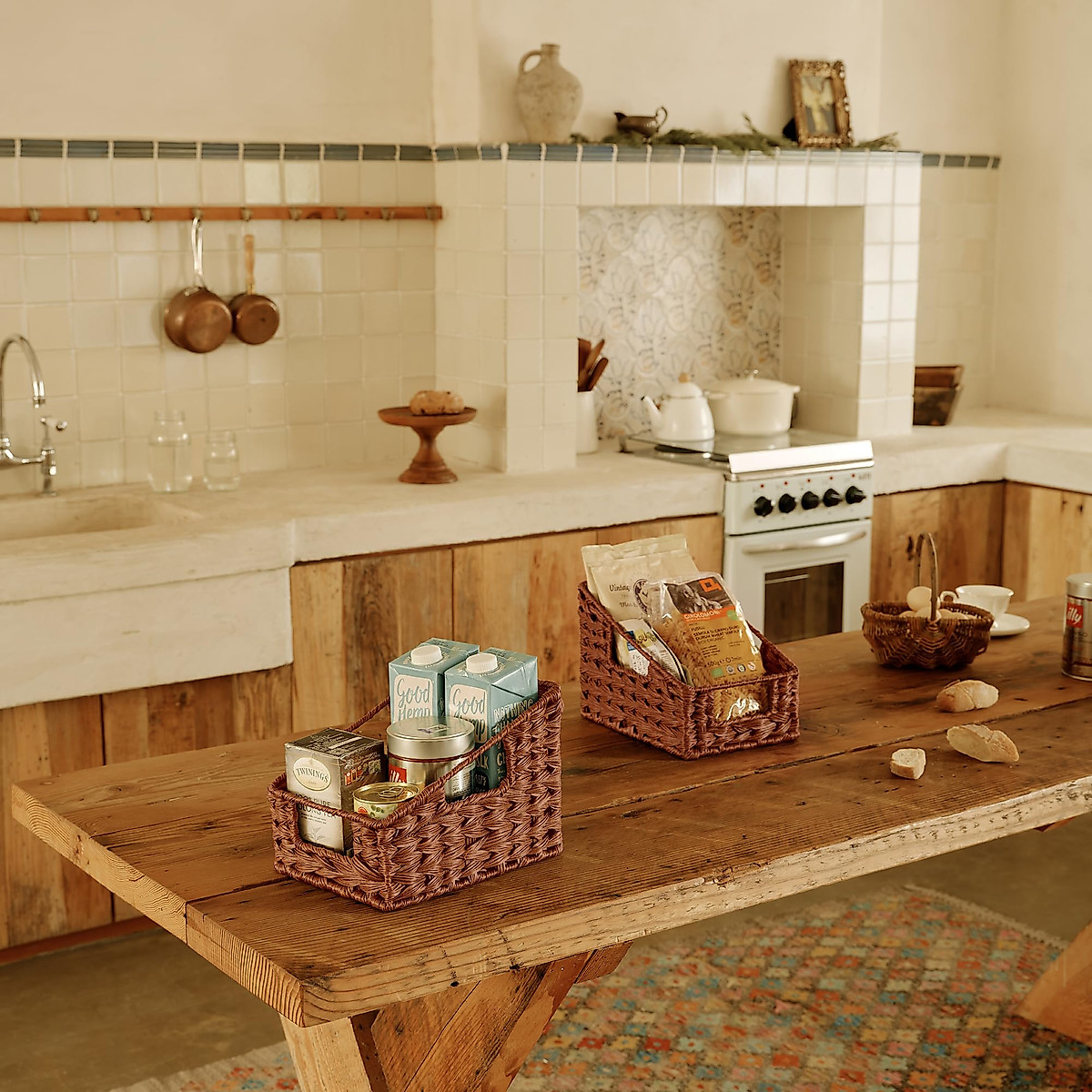 GRANNY SAYS Wicker Storage Baskets, Waterproof Wicker Basket with Handles, Trapezoid Woven Storage Bins for Organizing, Decorative Wicker Basket, Brown, 2-Pack