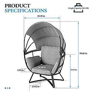 Crestlive Products Egg Chair, All Weather Aluminum Lounge Chair with Folding Canopy, Outdoor Indoor Chair with Cushion & Sun Shade Cover for Patio Living Room, 265lb Capacity (Black & Grey)