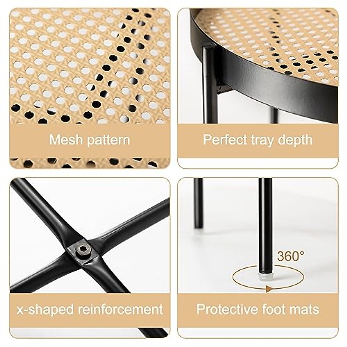 danpinera Black Side Table, 2 Tier Removable Tray Imitation Rattan Table for Living Room, Small Round Table for Bedroom, Small Metal Table for Nightstand 20.47 Inch x 16.54 Inch