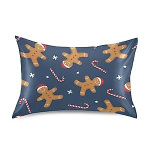 Christmas Gingerbread Man Blue Pillow Covers Silk Pillowcase for Hair and Skin Breathable & Silky Soft Satin Pillowcase Standard Size Pillow Case for Women Hot Sleepers, Night Sweats Bed (20x26 Inch)