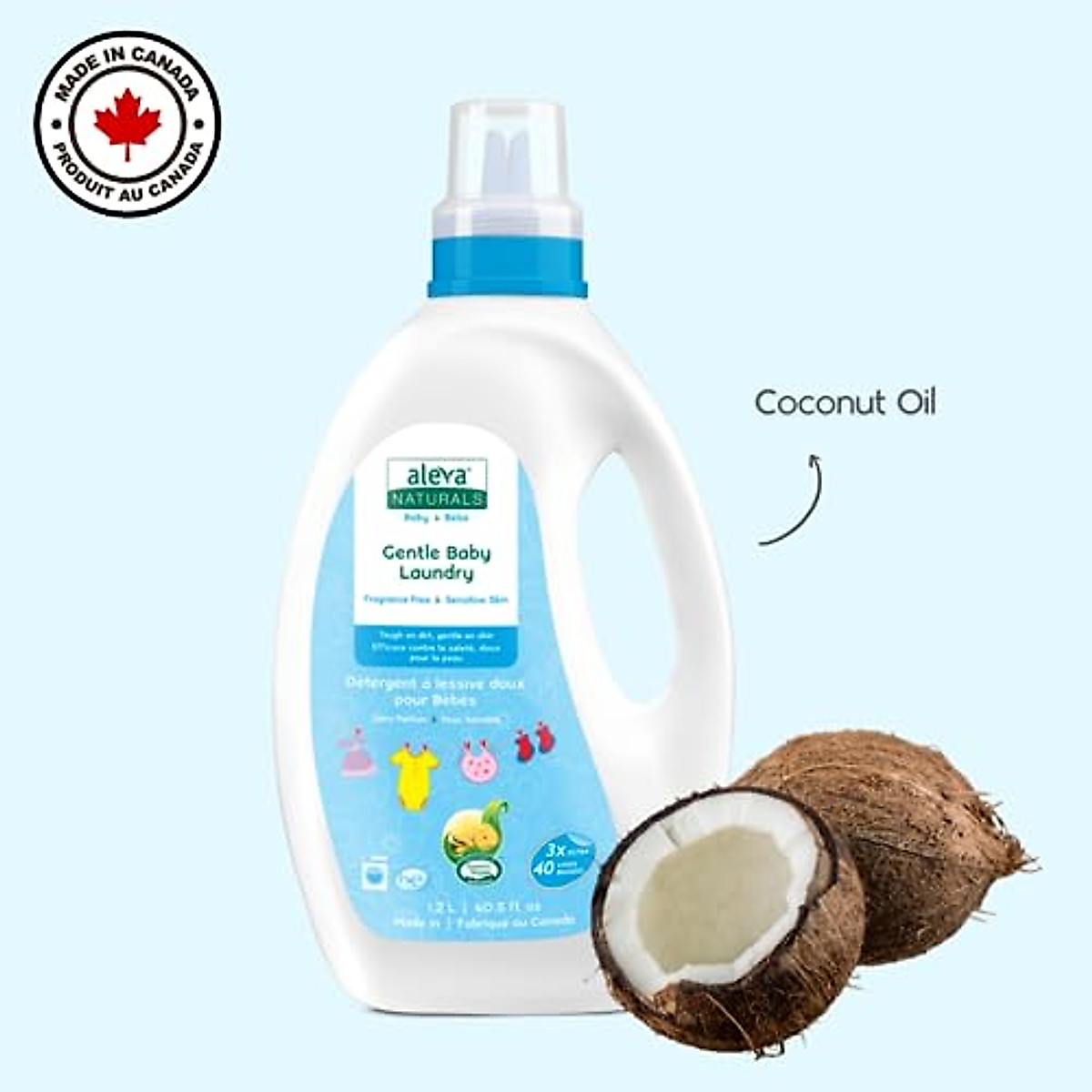 Aleva Naturals Gentle Baby Laundry, Effective Plant based Formula, Laundry Liquid, Fragrance Free, Tough on Stains and Dirt, Sensitive Skin friendly (40 Loads) - 40 fl. oz, 1.2 L