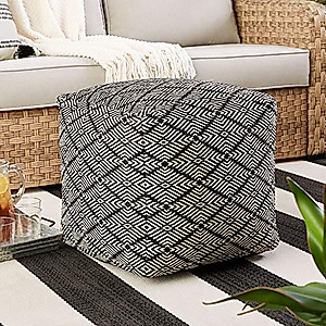 Modern Boho Farmhouse Black Ivory Woven Outdoor Pouf Ottoman Outdoor Patio Accent Decor Furniture Footstool