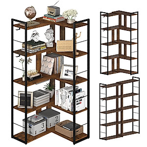 RKVPCNE 5 Tier L Shaped Bookshelf Wood Bookcase with 2 Hooks Modern Corner Bookshelf Library Industrial Shelving Book Case Adjustable Book Shelves for Bedroom Living Room Home Office Rustic Brown