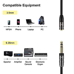 J&D 1/4 inch to 3.5mm Headphone Adapter, Heavy Duty Copper Shell Connecter Joint 3.5mm 1/8 inch Female TRS to 6.35mm Male TRS Stereo Audio Extension Cable, 6 Feet