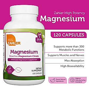 Zahler - Magnesium Supplement Capsules 200 mg (120 Count) Certified Kosher Bioactive Magnesium Citrate for Max Absorption - Natural Magnesium Mineral for Men & Women - Best Magnesium Supplements
