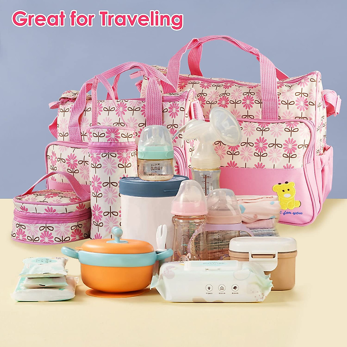 5 Pcs Multifunctional Set Baby Changing Diaper Nappy Bag, Maternity Mummy Handbag, Portable Nappy Basket Storage Organiser, Maternity Baby Bag for Boys Girls(Pink)