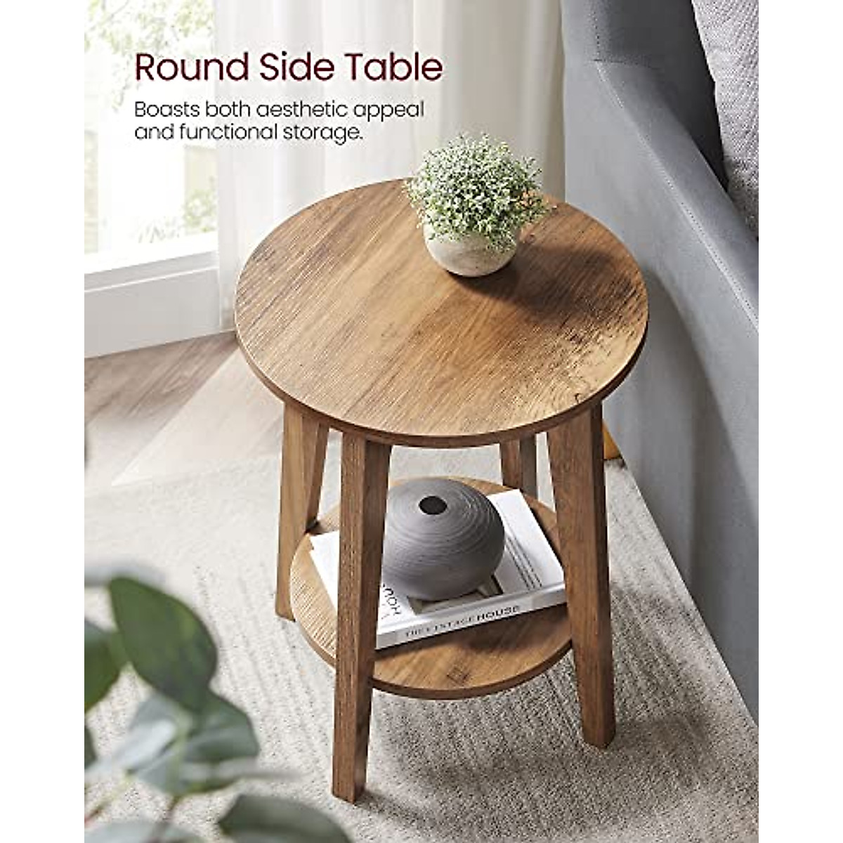 VASAGLE Round End Table with Lower Shelf, Nightstand for Small Spaces, 15.8 x15.8 x 19.7 Inches, Rustic Walnut