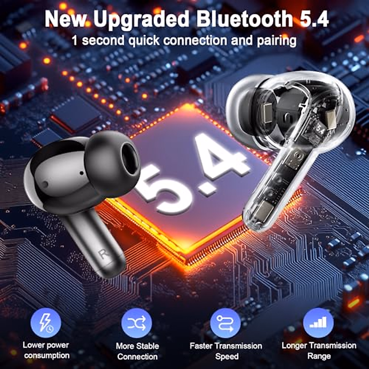 Wireless Earbuds, 2025 Bluetooth 5.4 Headphones Hi-Fi Stereo 3D Bass Ear Buds, 4 ENC Noise Cancelling Mic, 36Hrs USB-C in-Ear Earphones, IP7 Waterproof Workout Sport for Laptop Pad Android iOS, Black