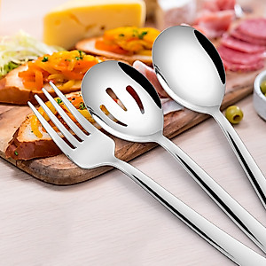 Square Serving Utensils Set of 6, E-far Stainless Steel 8.7 Inch Hostess Serving Set, Metal Serving Spoon Slotted Spoons Forks for Party Buffet Catering, Mirror Finished & Dishwasher Safe