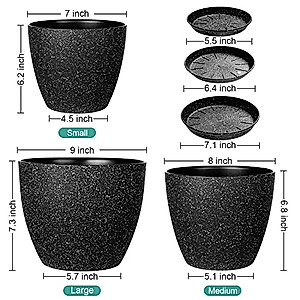 Vanavazon Plant Pots 9/8/7 Inch Set of 3 Flower Pots Indoor Outdoor Plastic Planters with Drainage Hole and Tray (Speckled Black)