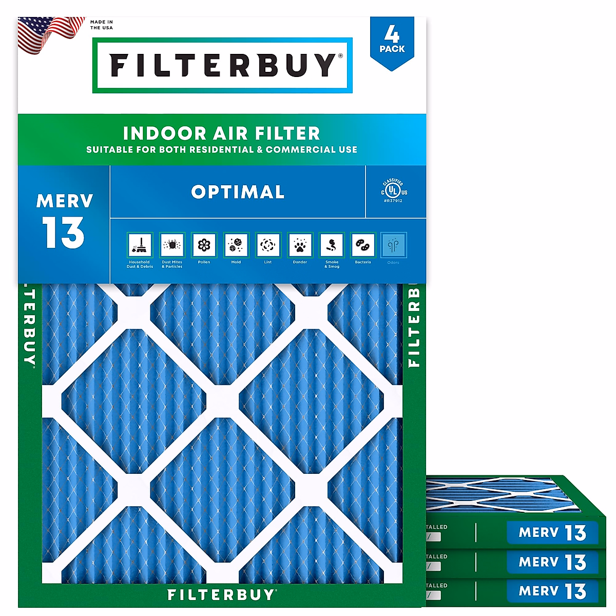 Filterbuy 16x20x1 Air Filter MERV 13 Optimal Defense (4-Pack), Pleated HVAC AC Furnace Air Filters Replacement (Actual Size: 15.50 x 19.50 x 0.75 Inches)
