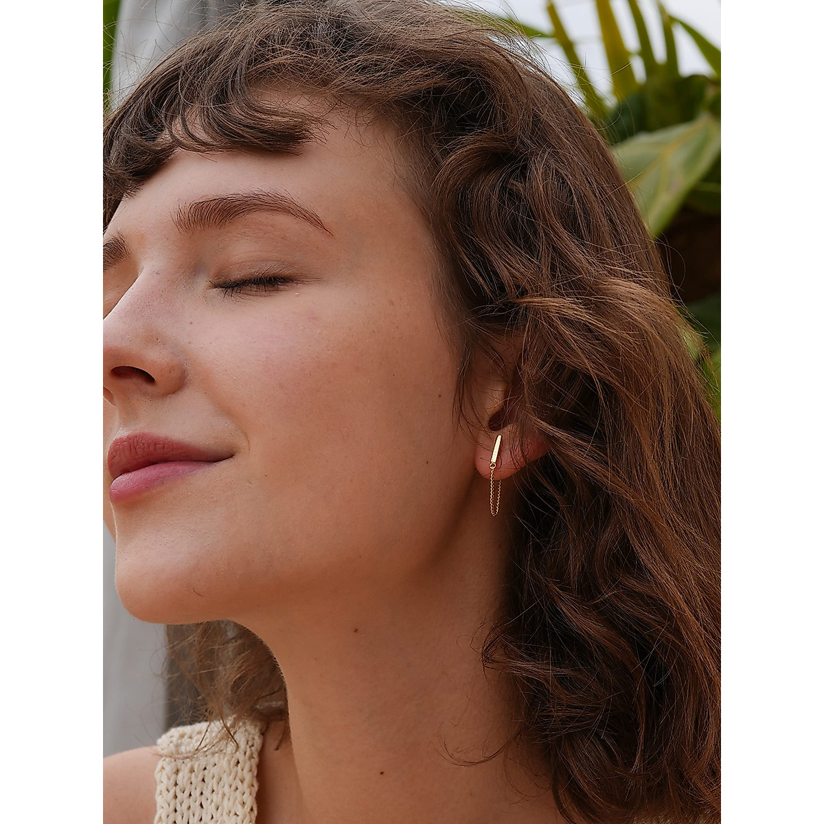 S.Leaf Stud Earrings with Chain Sterling Silver Chain Earrings for Women Bar Earrings Dangle Earrings for Women Girls Trendy (01_Bar_18K Gold)