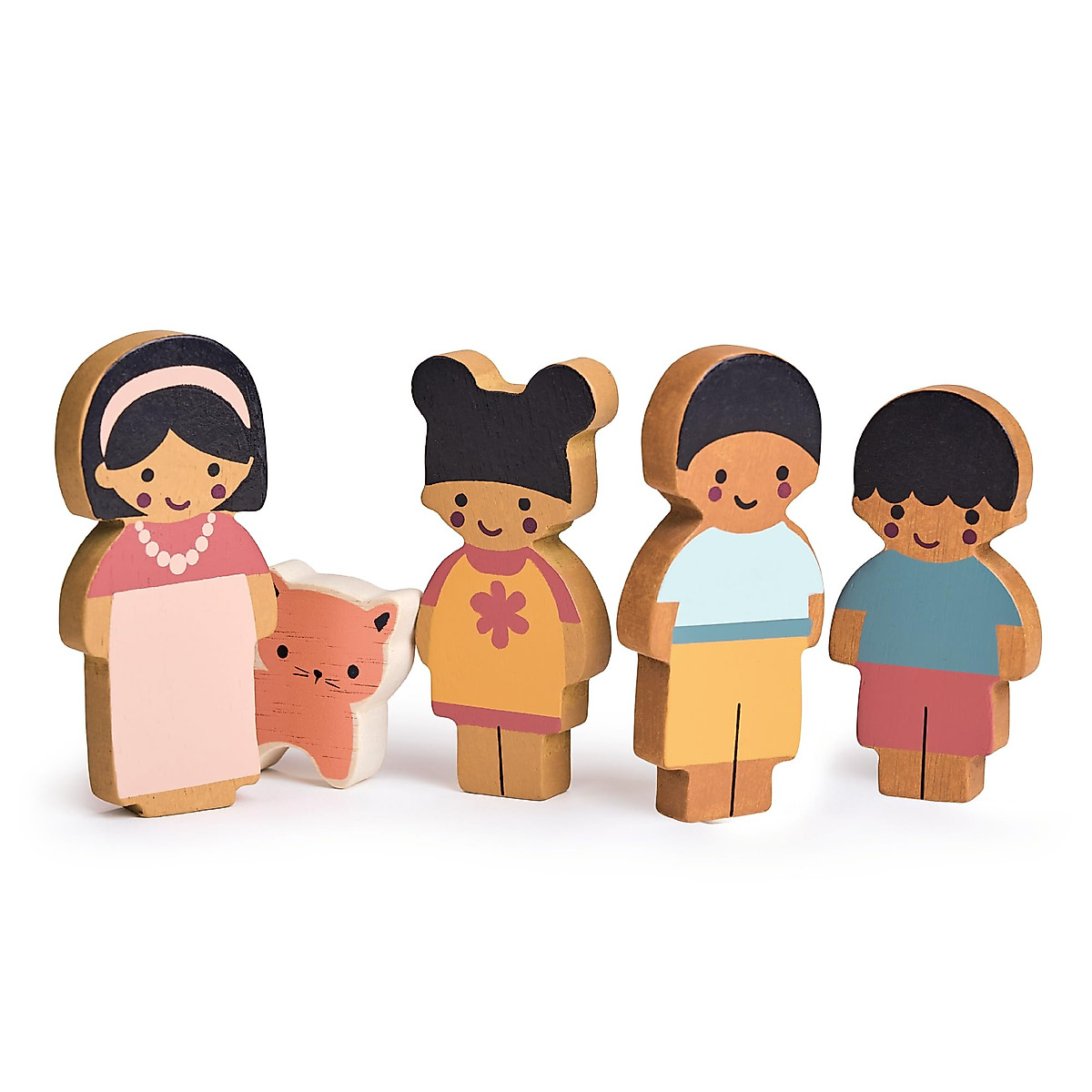 Mentari Toys - Doll Family with Cat - 5pc Multicultural Solid Wood Doll Set with Playful Kitten - Perfectly Sized for Little Hands - Encourages Imaginative Play and Social Skills - Age 12m+