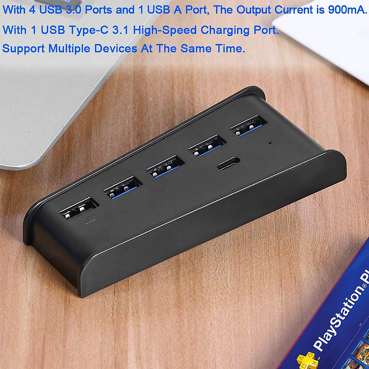 USB Port Hub for PS5, 5 Port USB Extender High-Speed Transmission Expansion Adapter Converter Splitter with 4 USB 2.0 Port+1 USB Charging Port+1 Type C 3.1 Port for PlayStation 5 Gaming Console-Black