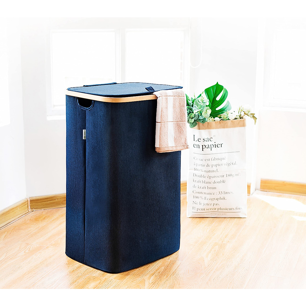 Lonbet - Laundry Hamper with Lid Cover - Sturdy Tall Bamboo Laundry Basket Clothes Organizer - Aesthetic Bedroom Fabric Bin - Big Bathroom Dirty Clothes Hamper - Removable Bag - XL 100 Liters - Blue
