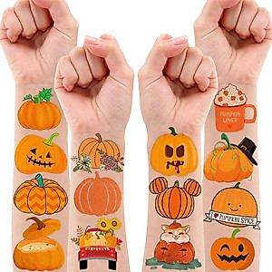 Cute Pumpkin Temporary Tattoos 10 Sheets 100 PCS Fall Pumpkin Party Decorations Favors Supplies Fall Theme Birthday Stickers Halloween Gifts for Boys Girls Kids Class School Prizes Carnival Christmas