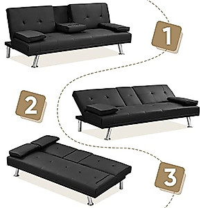 Antetek Futon Sofa Bed, Modern Convertible Upholstered Faux Leather Loveseat Sleeper Sofa Couch w/7 Adjustable Positions, Cup Holder for Living Room, Bedroom, Studio, Office, Black