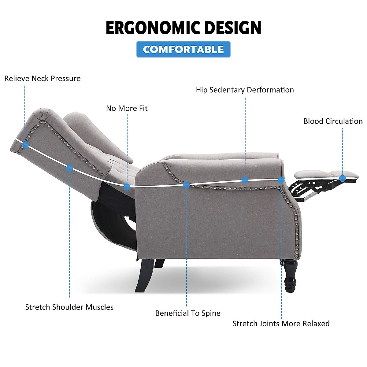 Artechworks Tufted Fabric Push Back Arm Chair Recliner Single Reclining Fabric for Adjustable Club Chair Home Theater Padded Seating Living Room Lounge Modern Sofa Grey