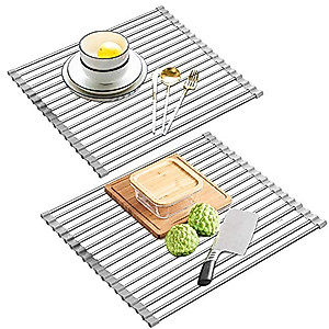 Dish Drying Rack, 2 Pack Roll up Drying Rack, Foldable Utensil Plates Holders, Multipurpose Over Sink Dish Rack Rustproof Silicone Dish Drainers Heat Resistant Mat for Kitchen(18.5x13.8inch)