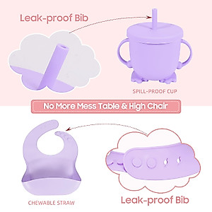 Silicone Baby Feeding Set, Baby Led Weaning Supplies with Suction Bowl Divided Plate, Self Feeding Spoons Forks Sippy Cup Adjustable Bib, Eating Utensils for 6+ Months (Grey Purple)