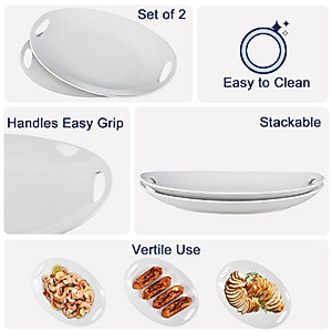 Buyajuju Porcelain Serving Platter with Handles, 14" Serving Dishes for Entertaining, Oval Serving Tray for Salad, Stew, Fruits and Pasta, Set of 2, White