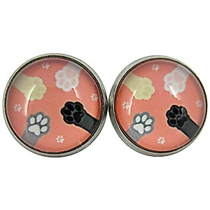 Stainless Steel Peach Cat Paw Print Glass Stud Earrings 12mm