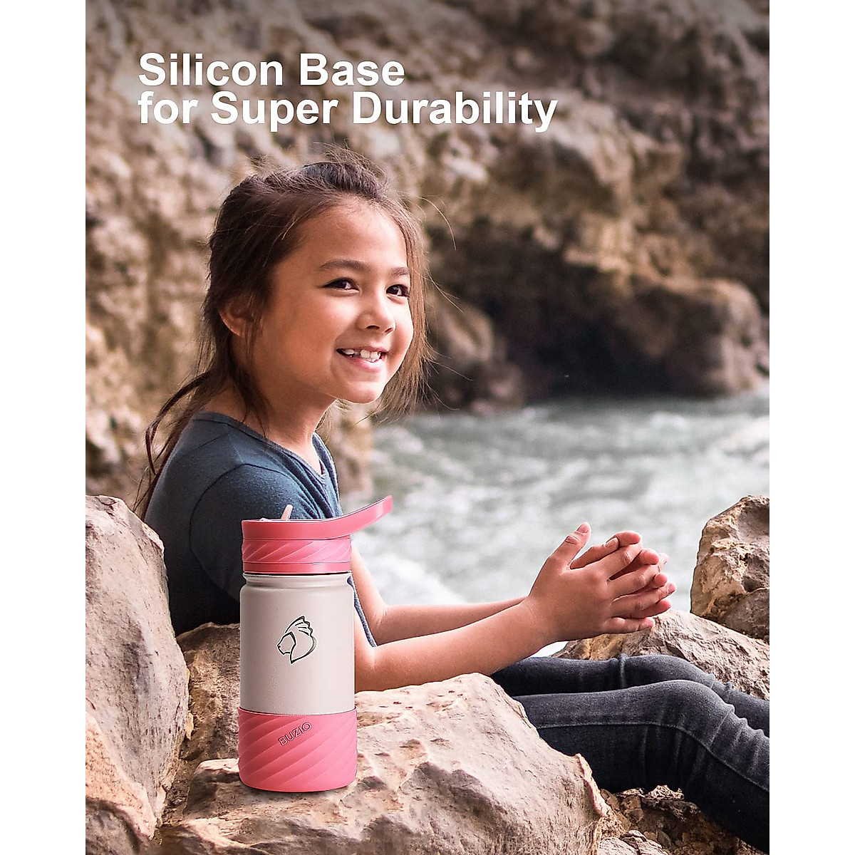 BUZIO 14oz Kids Water Bottle Stainless Steel Insulated Metal Water Bottles with Straw for Toddlers, BPA-Free Double Wall Water Flask Leak Proof Tumbler for School Boys Girls with Stickers, pink