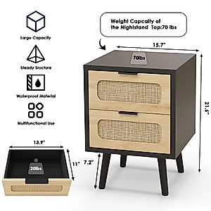 YMBSBUY Rattan Nightstand Set of 2,Night Stand Bedside Table with 2 Drawers,Mid Century Modern Nightstand End Table for Bedroom,Dorm,Small Spaces,Boho Wood Side Table with Storage,Black,2 Pack