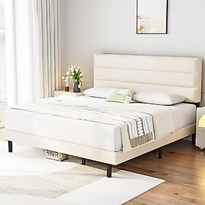IYEE NATURE Full Bed Frame with Headboard,Sturdy Platform Bed with Wooden Slats Support,No Box Spring,Mattress Foundation,Easy Assembly,Beige