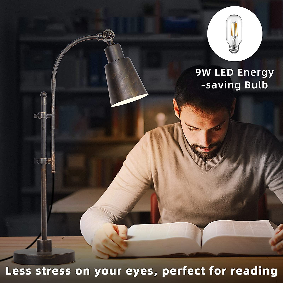 LALISU Metal Desk Lamp Rustic Task Lamp Black Adjustable, Industrial Style Lamp with On/Off Switch, Vintage Work Lamp, Reading Lamp for Bedroom, Study Room &Office, ETL Certificate. (Black)