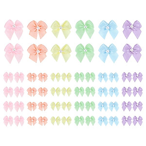Meseey 60pcs Mini Pastel Rainbow Satin Ribbon Bows with Pearl 1 Inch Colored Craft Bows Flowers Appliques DIY Craft for Sewing, Scrapbooking, Wedding, Gift,Christmas Decoration (Pastel)