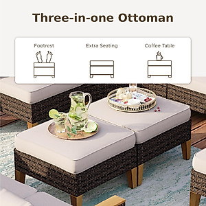 PHI VILLA Outdoor Patio Furniture 9 Seat Half-Moon Curved Sectional Oversized Wicker Sofa Set with Cushions, Beige for Poolside,Garden