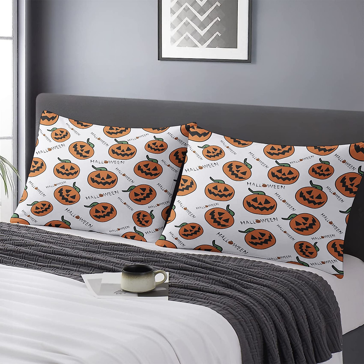 Halloween Pillow Cases Standard Size Set of 2 - Spooky Pumpkin Lantern Pillowcase for Kids Boys - Reversible Printed Decorative Bed Pillow Covers - Wrinkle, Fade & Stain Resistant, with Hidden Zipper