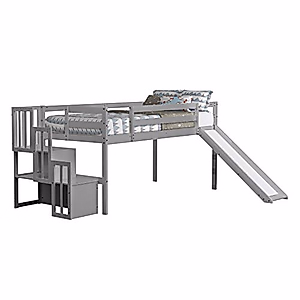 HomSof Twin Loft Bed with Slide Staircase Storage,Full-Length Safety Guardrails for Junior Boys Girls,No Box Spring Needed,Grey