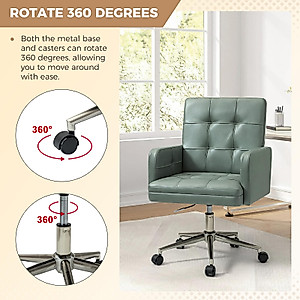 HULALA HOME Faux Leather Office Chair with Mid Back Support & Armrests, Mid Century Modern Tufted Home Desk Chair, Height-Adjustable Swivel Computer Task Chair for Study Bedroom Living Room, Sage