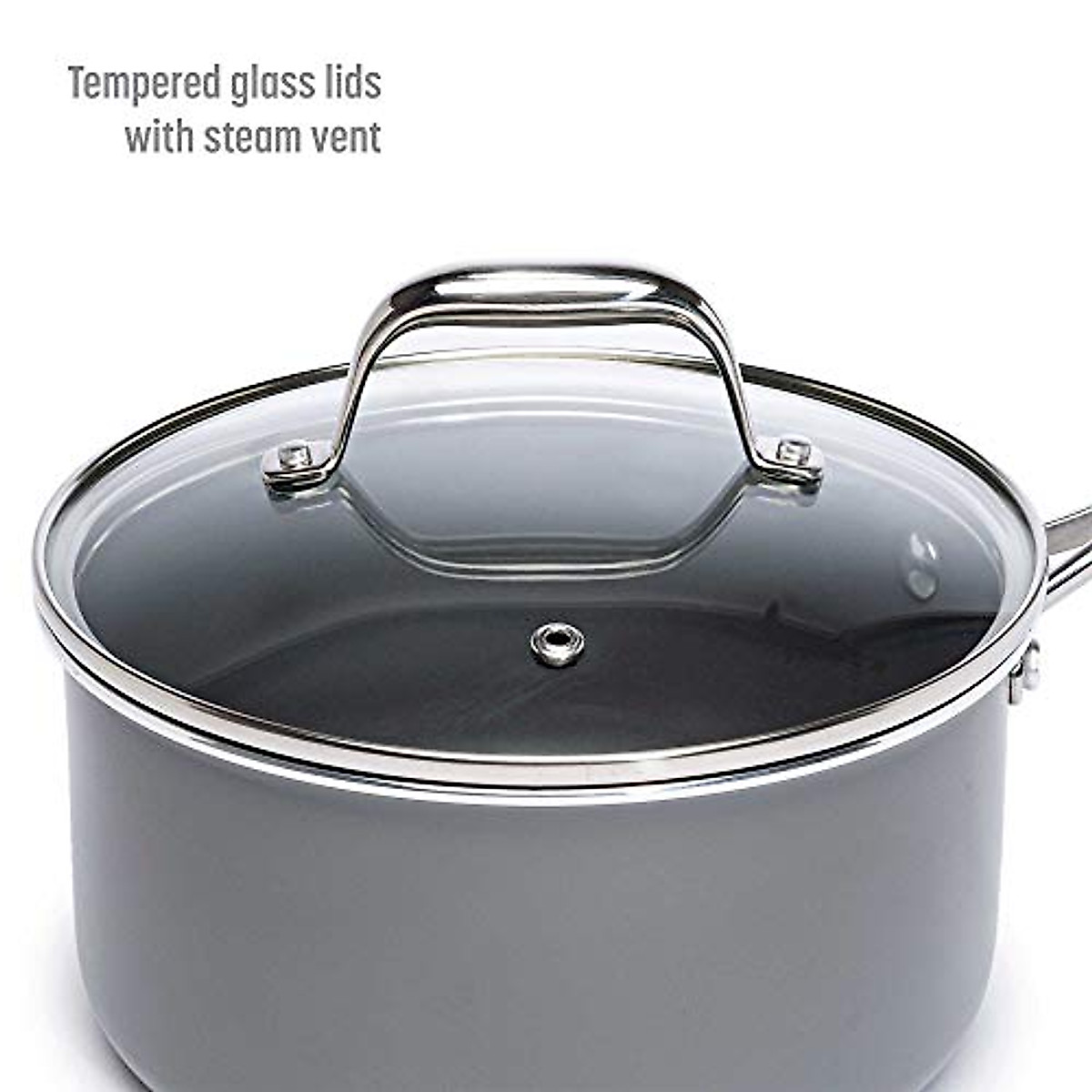 Goodful Ceramic Nonstick Pots and Pans Set, Titanium-Reinforced Premium Nonstick Coating, Dishwasher Safe Pots and Pans, Tempered Glass Steam Vented Lids, Stainless Steel Handles, 12-Piece, Gray