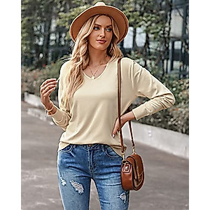STYLEWORD Women's Lightweight V Neck Apricot Sweater Long Sleeve Pullover Knit Base Casual Loose Shirts Top(Apricot-M)