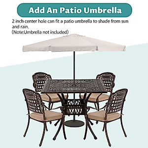 FKLUG 5 Piece Outdoor Patio Dining Set Cast Aluminum Patio Furniture Set Conversation Set for Backyard Garden Deck Poolside(1 Square Table and 4 Lattice Chairs W/Khaki Cushion)