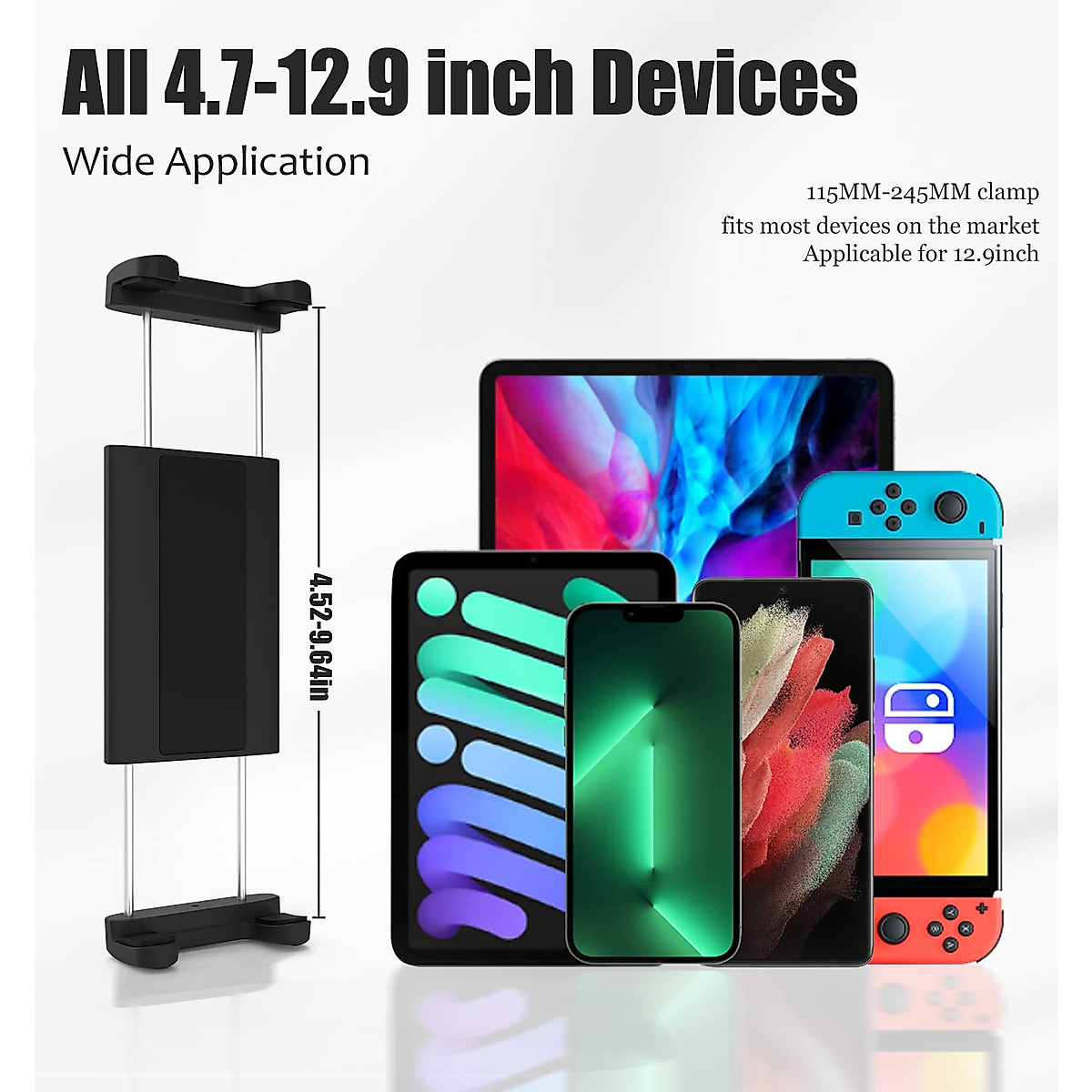 Charchendo Tablet Holder for Spin Bike, Universal Handlebar Phone Mount with Gooseneck for Stationary Exercise Bike, Elliptical, Compatible with iPad Pro/Air/Mini, Smartphones More Devices 4-13''