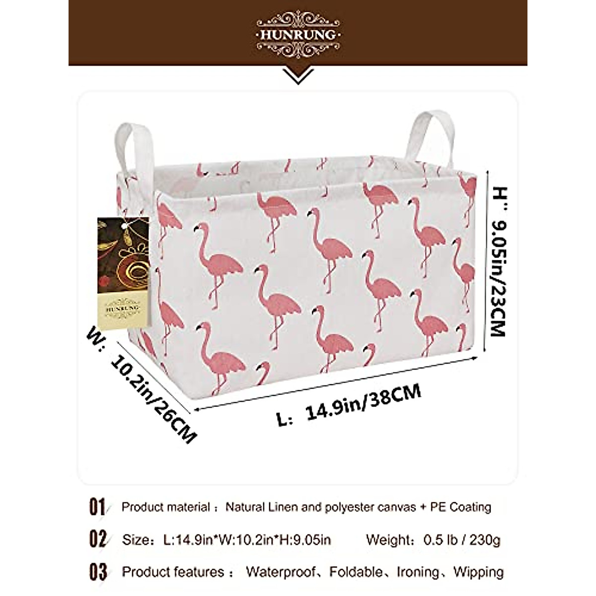 HUNRUNG Rectangle Storage Basket Cute Canvas Organizer Bin for Pet/Children Toys, Books, Clothes Perfect for Rooms/Playroom/Shelves (Flamingo)