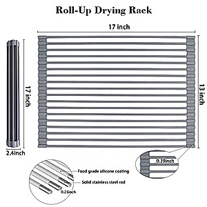 Neholef Roll-Up Dish Drying Rack, Over The Sink Multipurpose Dish Drainer Rack, Heat-Resistant Anti-Slip Silicone Coated Dish Rack for Kitchen Sink Countertop
