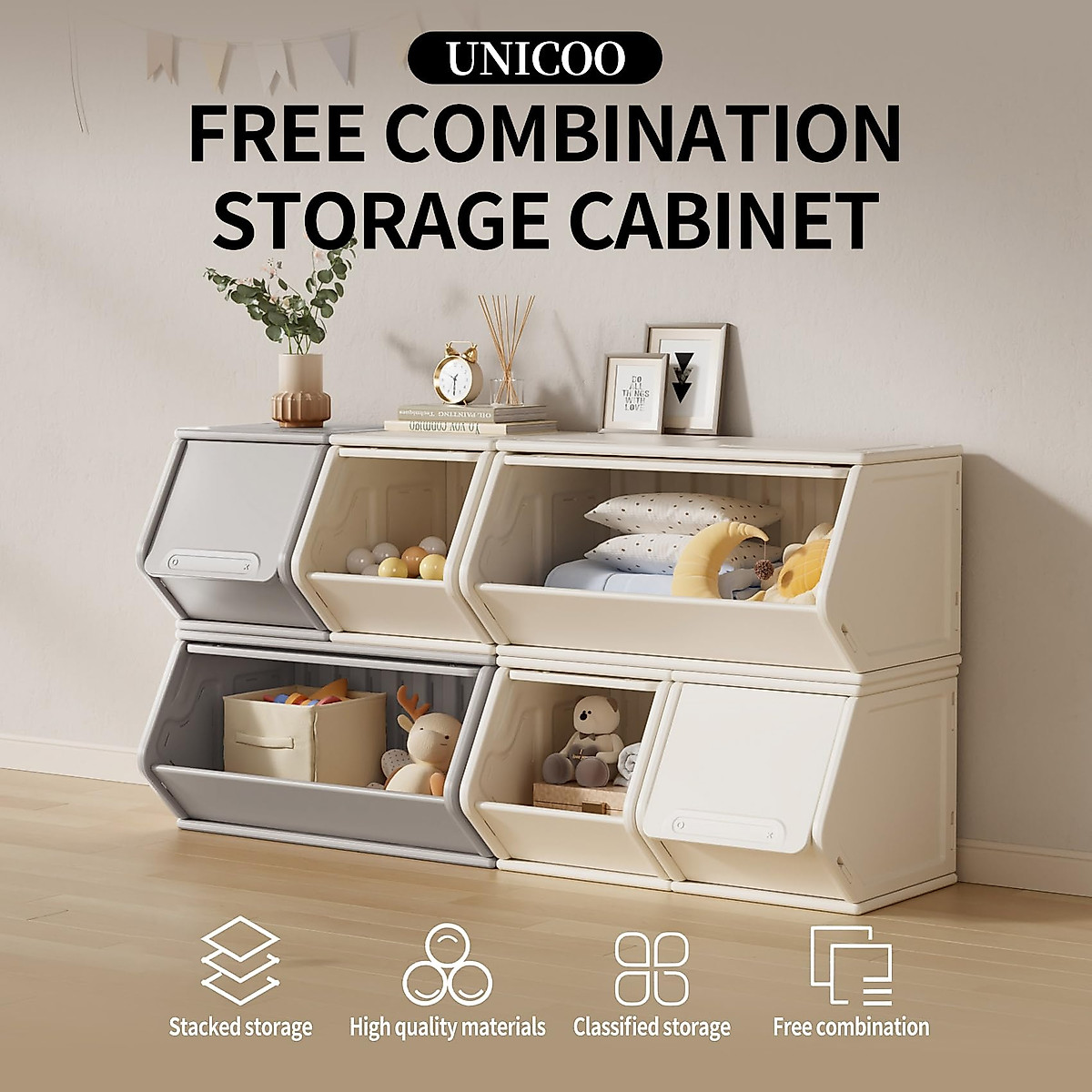 UNICOO® 2+4 Free Combination Stackable Plastic Storage Cabinet | Customizable Storage Shelves, Lightweight Organizer, Efficient Storage and Organizer | Home, Office, School, Dorm (2+4 Gray & Cream)