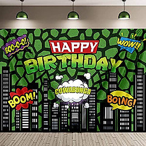 BINQOO 5x3ft Cartoon Birthday Backdrop Green American Comics Cityscape Buildings Photography Background Tortoise Boy Newborn Baby Shower Kids Decor Photo Booth Prop