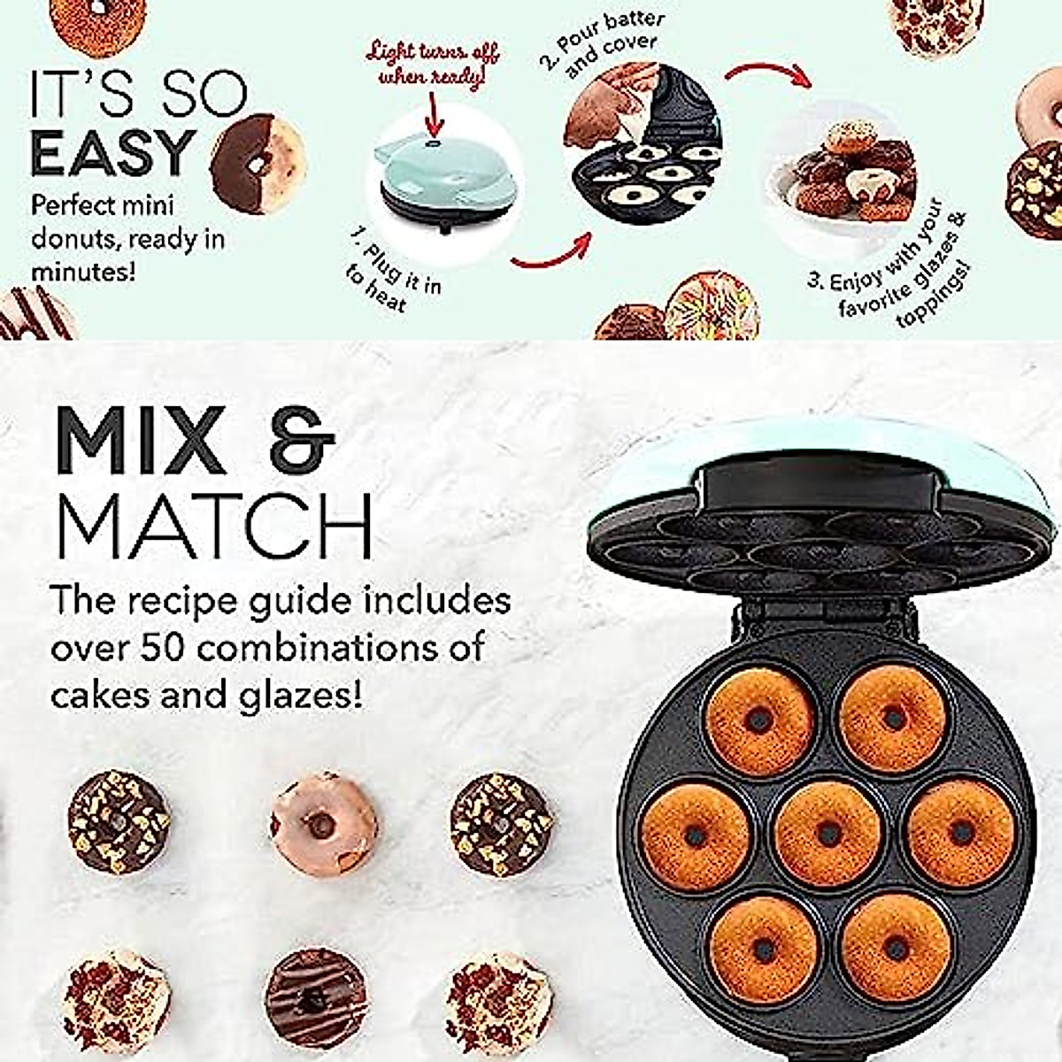 Mini Donut Maker Machine 7 Holes, Electric Donut Press Machine, Small Doughnut Maker, Electric Non-Stick & Double-sided Heating Donut Maker Machine, for Kid-Friendly Breakfast Desserts Cake (Emerald)