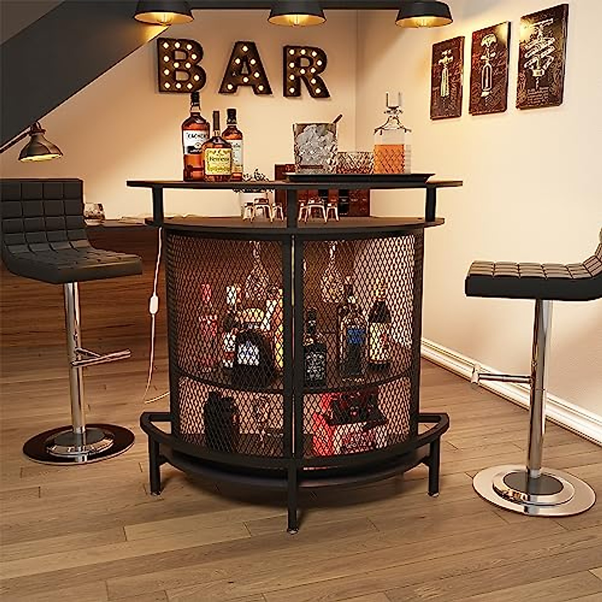 kepptory 43 Inches High Top Bar Table with RGB Smart Light, 4-Tiers Home Bar Cabinet with Footrest & Storage Shelves & Glasses Holder & Anti-Dump Metal Bar, Wine Cabinet for Home Kitchen Patio