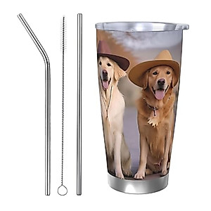 Golden Retriever Dogs Puppies 20oz Stainless Steel Tumbler With Lid And Straw, Double Wall Vacuum Insulated Coffee Mug Travel Cups Leak-Proof Lid For Hot And Cold Drinks, Metal Straws And Brush