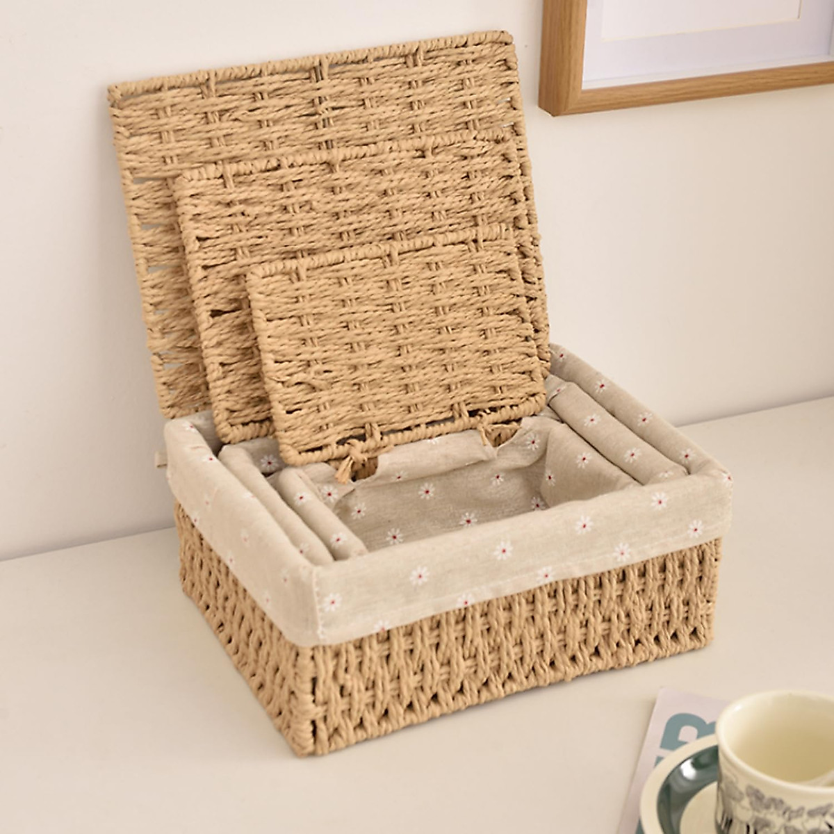Rattanzenith Small Wicker Basket with Lid Paper Storage Baskets for Shelves Small Storage Bin with Removable Liner Nesting Decorative Woven Basket for Makeup Closet Organizer (Small, Khaki)